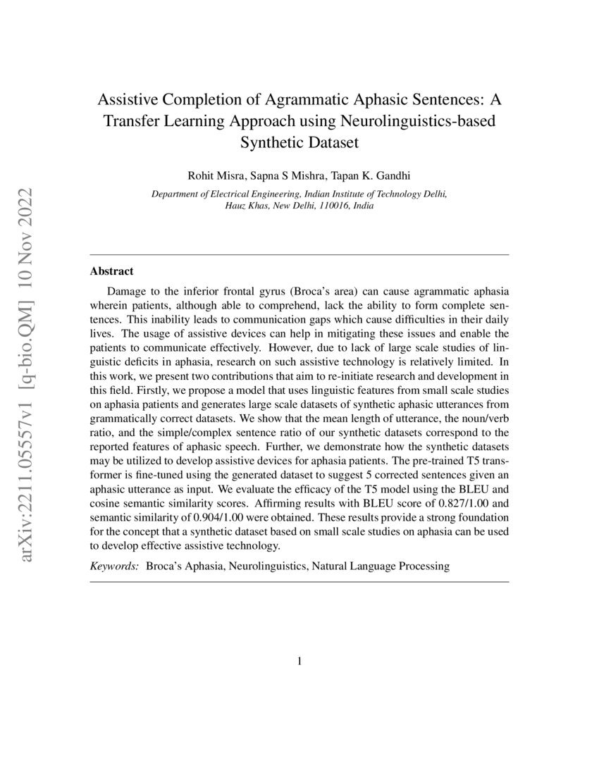 Assistive Completion of Agrammatic Aphasic Sentences: A Transfer ...