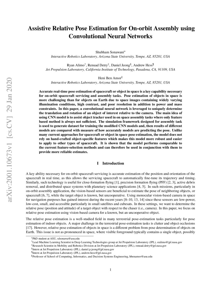 Assistive Relative Pose Estimation For On Orbit Assembly Using Convolutional Neural Networks