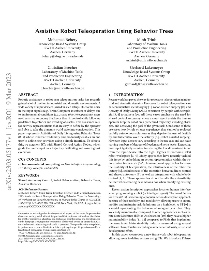 Assistive Robot Teleoperation Using Behavior Trees | DeepAI