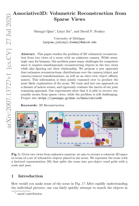 Associative3D: Volumetric Reconstruction from Sparse Views | DeepAI