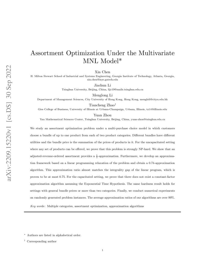 Assortment Optimization Under The Multivariate Mnl Model Deepai