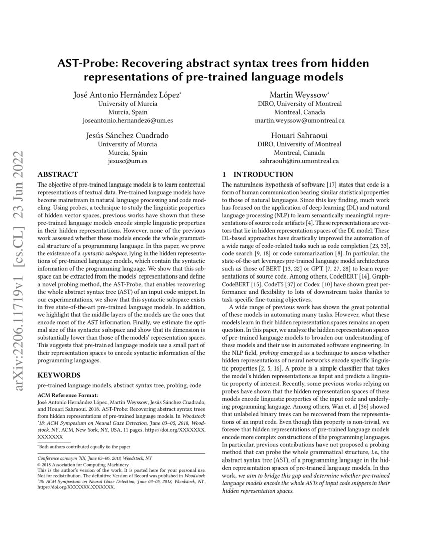Ast Probe Recovering Abstract Syntax Trees From Hidden Representations Of Pre Trained Language