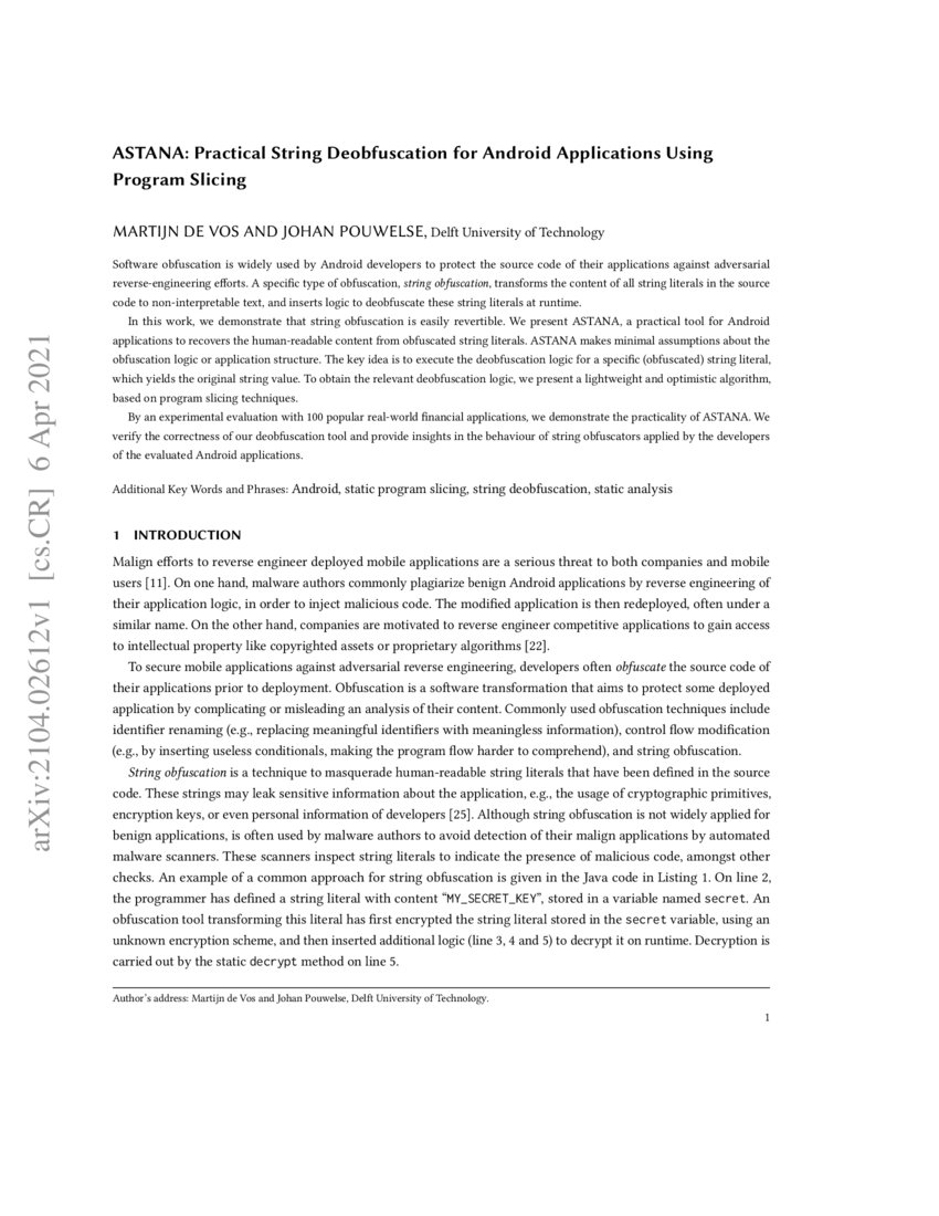 ASTANA: Practical String Deobfuscation for Android Applications Using Program Slicing | DeepAI