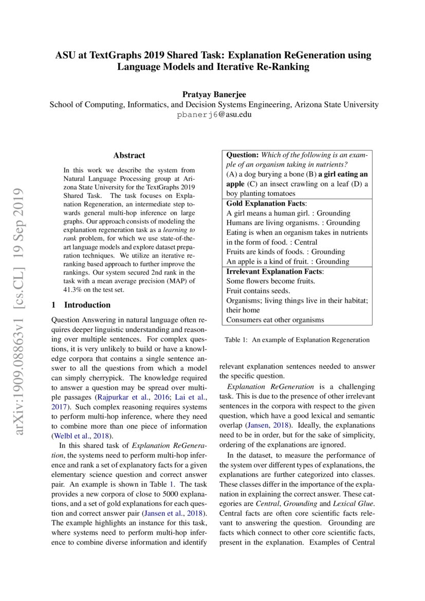 Asu At Textgraphs 2019 Shared Task Explanation Regeneration Using Language Models And Iterative