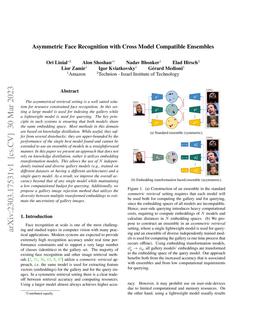 Asymmetric Face Recognition with Cross Model Compatible Ensembles | DeepAI
