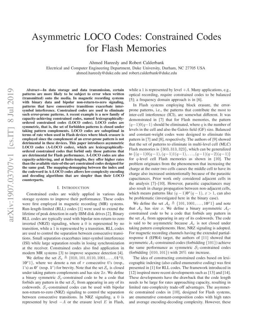 Asymmetric LOCO Codes: Constrained Codes for Flash Memories | DeepAI