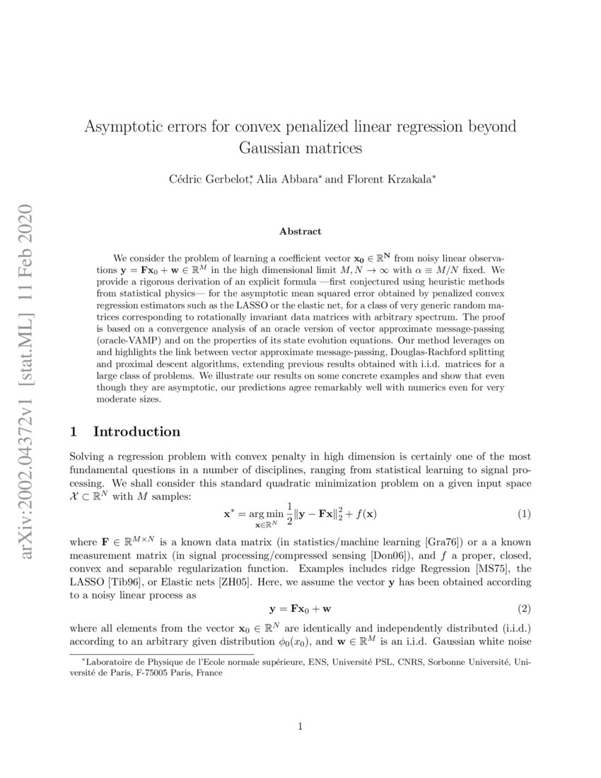 Asymptotic errors for convex penalized linear regression beyond Gaussian matrices | DeepAI