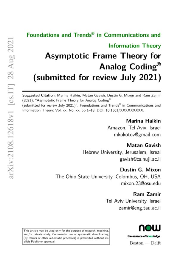 Asymptotic Frame Theory for Analog Coding | DeepAI