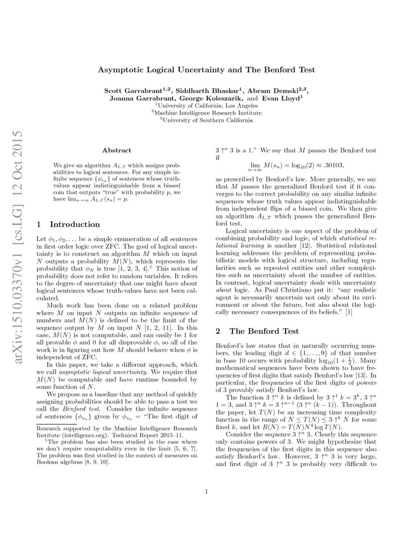 Asymptotic Logical Uncertainty and The Benford Test | DeepAI