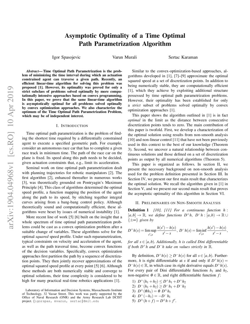 Asymptotic Optimality Of A Time Optimal Path Parametrization Algorithm 1980
