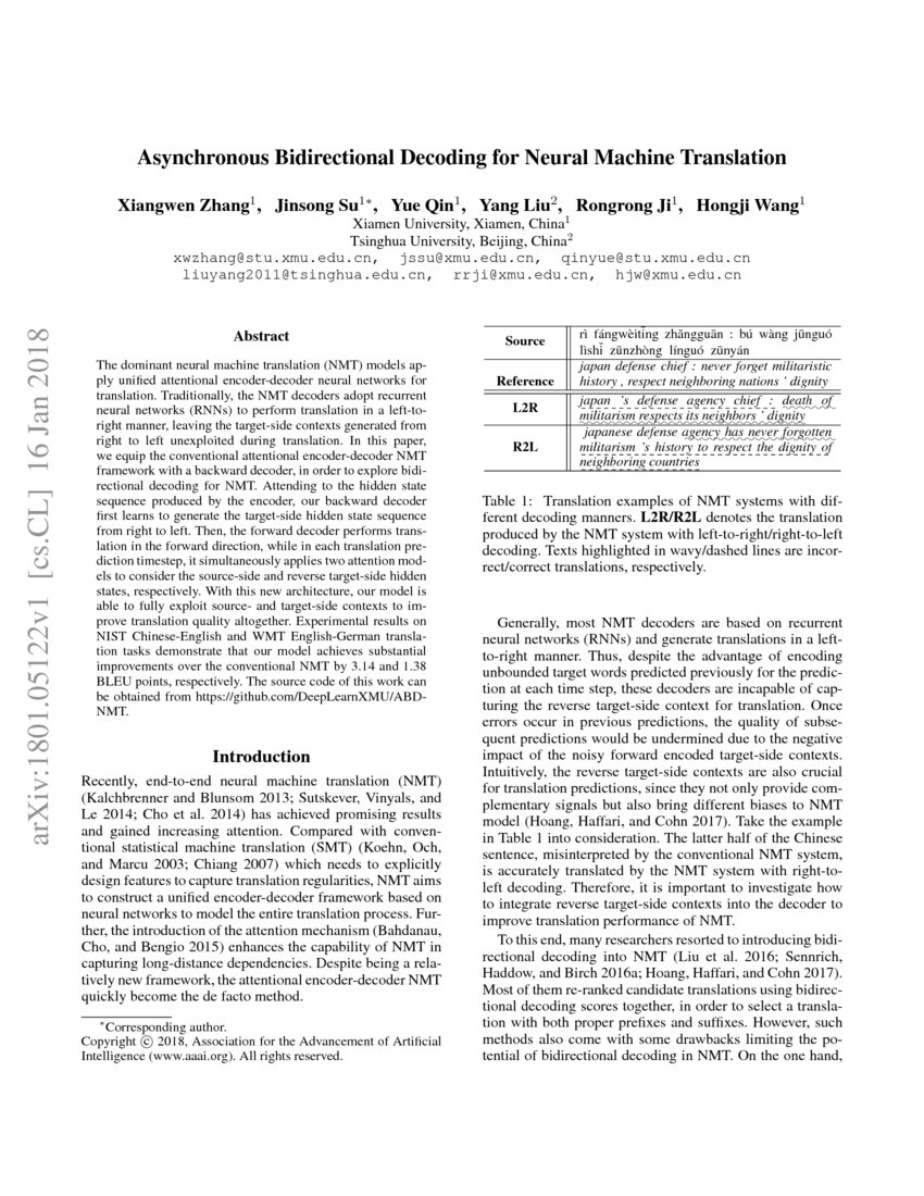 Asynchronous Bidirectional Decoding for Neural Machine Translation | DeepAI