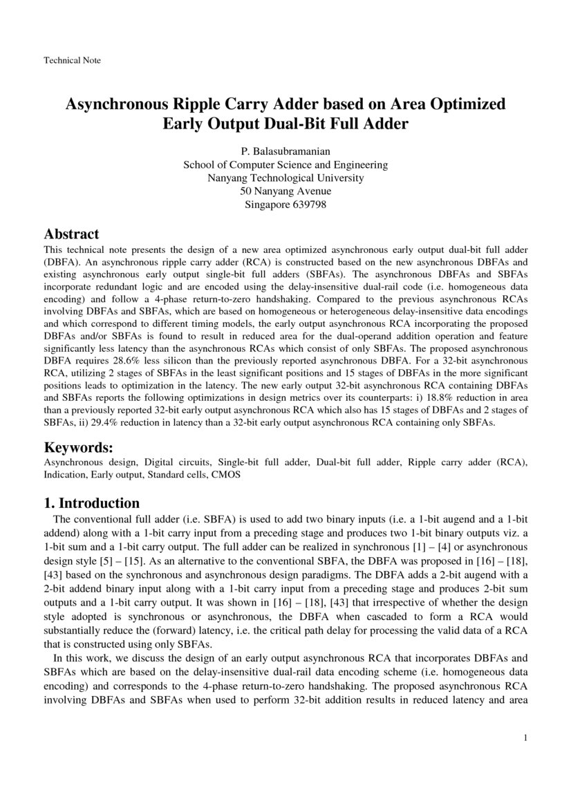 Asynchronous Ripple Carry Adder based on Area Optimized Early Output Dual-Bit Full Adder | DeepAI