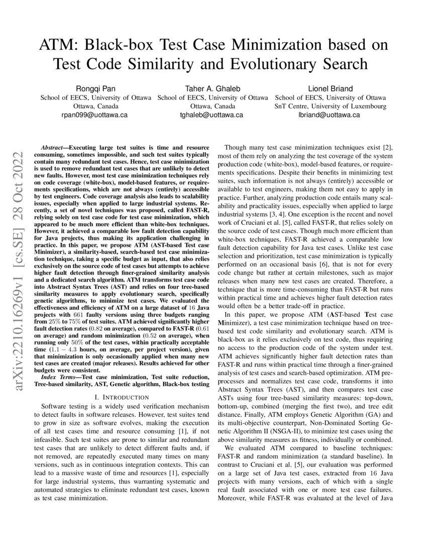 Atm Black Box Test Case Minimization Based On Test Code Similarity And Evolutionary Search Deepai