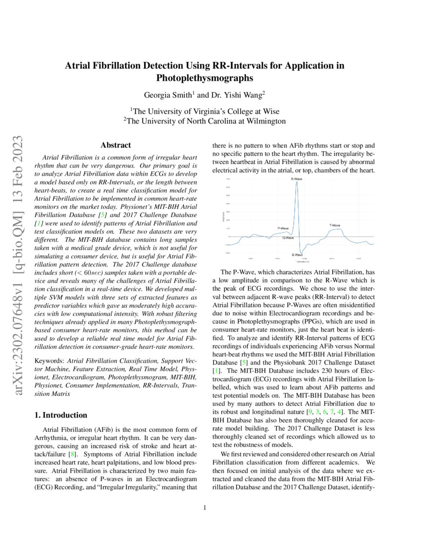 Atrial Fibrillation Detection Using Rr Intervals For Application In