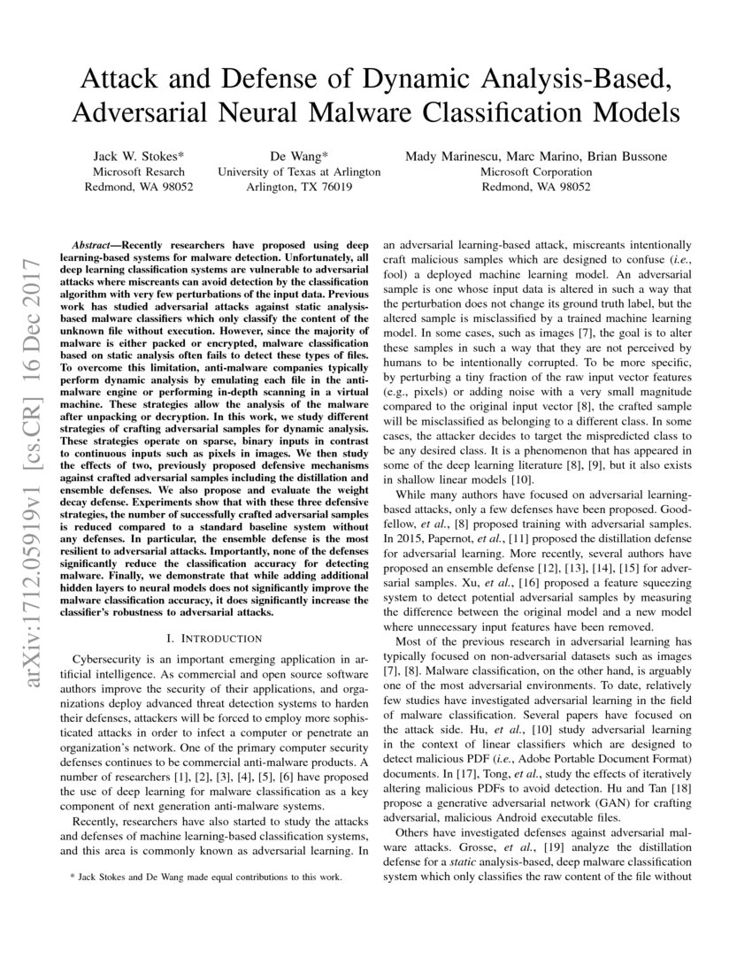 Attack And Defense Of Dynamic Analysis Based Adversarial Neural Malware Classification Models