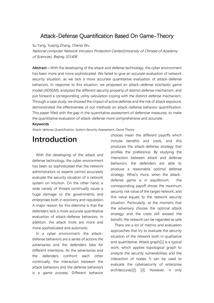 Attack-Defense Quantification Based On Game-Theory | DeepAI