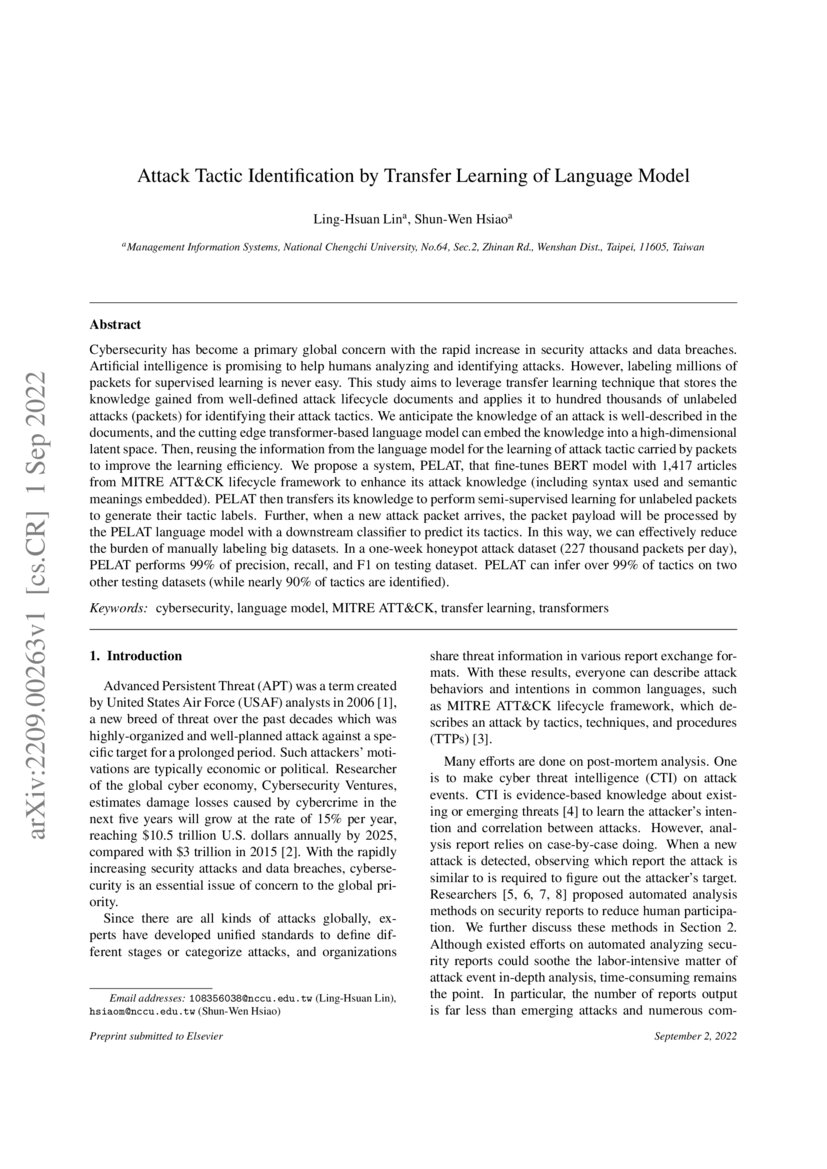 Attack Tactic Identification by Transfer Learning of Language Model | DeepAI
