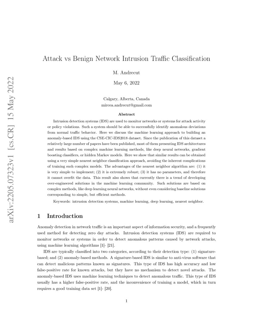 Attack vs Benign Network Intrusion Traffic Classification | DeepAI