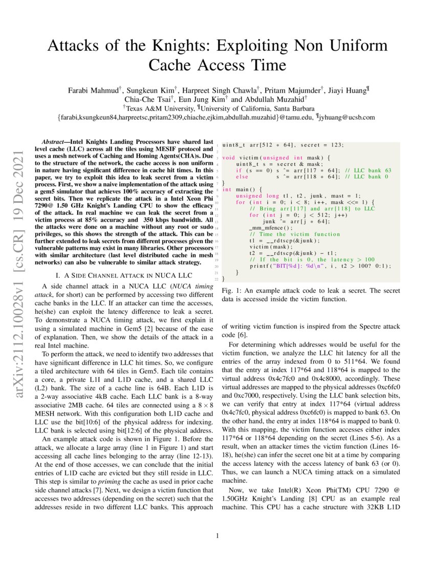 Attacks of the Knights: Exploiting Non Uniform Cache Access Time | DeepAI