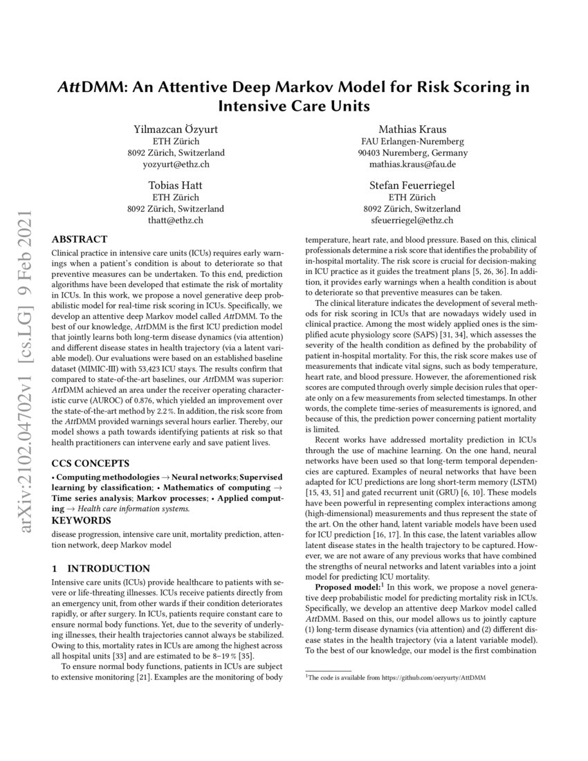 AttDMM: An Attentive Deep Markov Model for Risk Scoring in Intensive ...