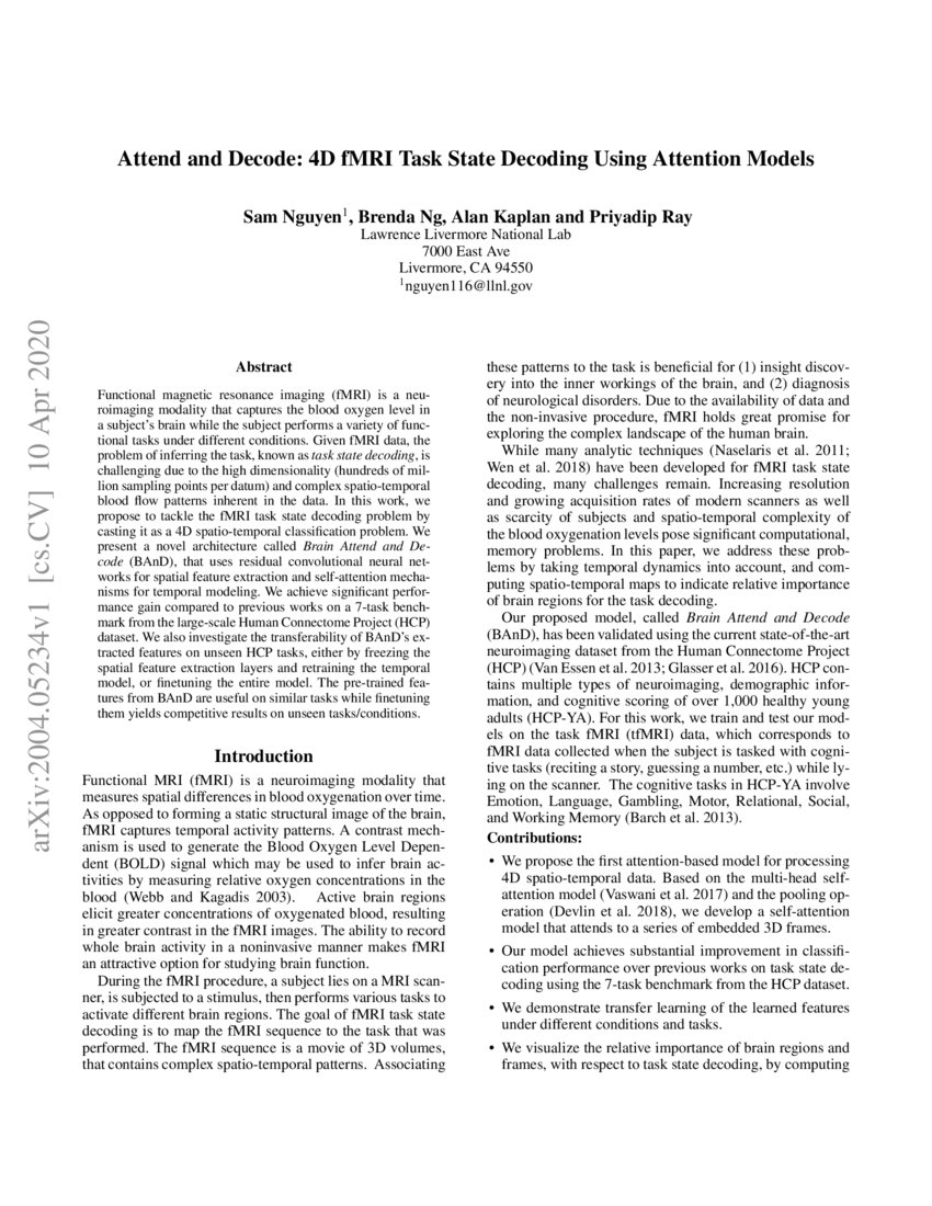 Attend and Decode: 4D fMRI Task State Decoding Using Attention Models | DeepAI