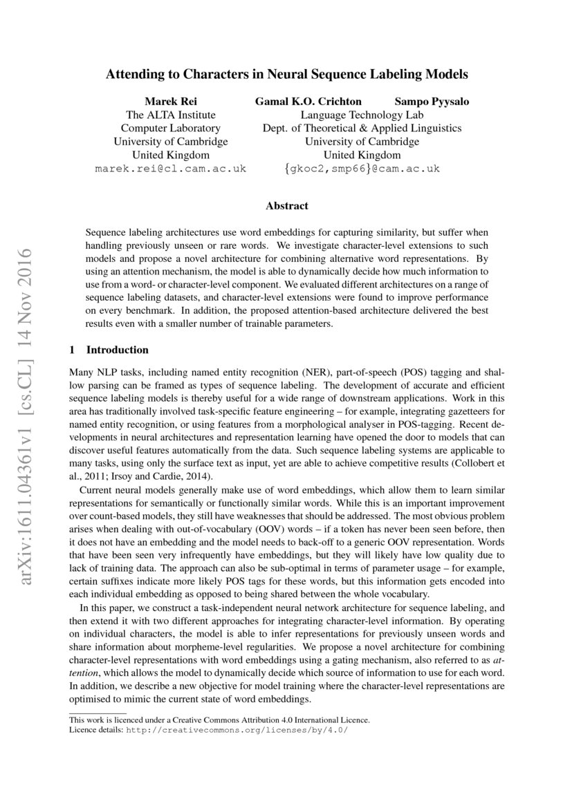 Attending to Characters in Neural Sequence Labeling Models | DeepAI Attending to Characters in Neural Sequence Labeling Models | DeepAI