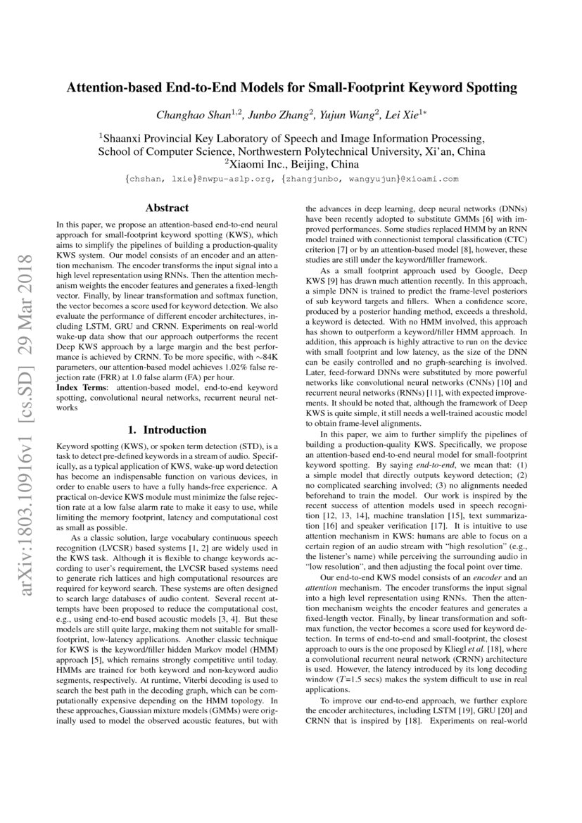 Attention-based End-to-End Models for Small-Footprint Keyword Spotting | DeepAI