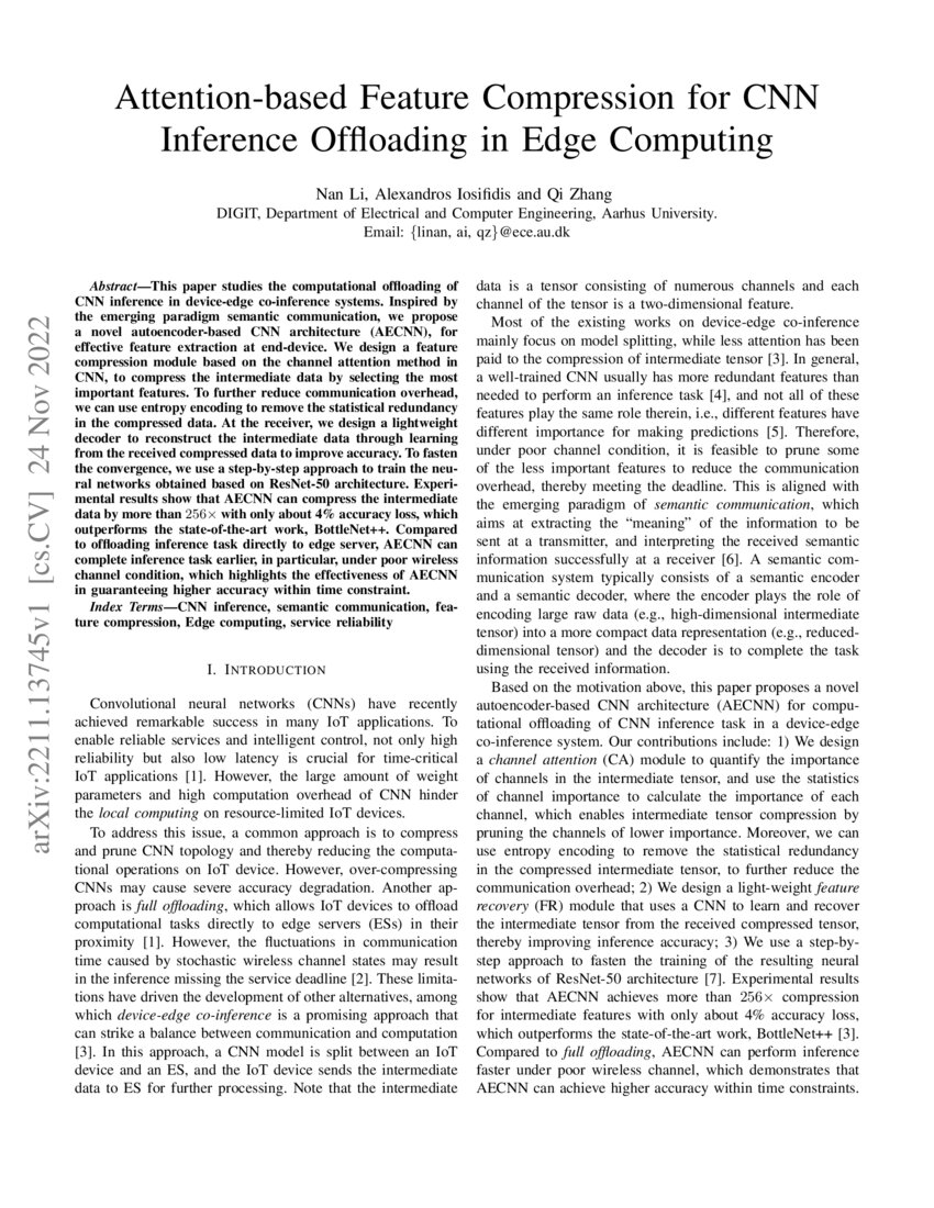 Attention Based Feature Compression For Cnn Inference Offloading In Edge Computing Deepai