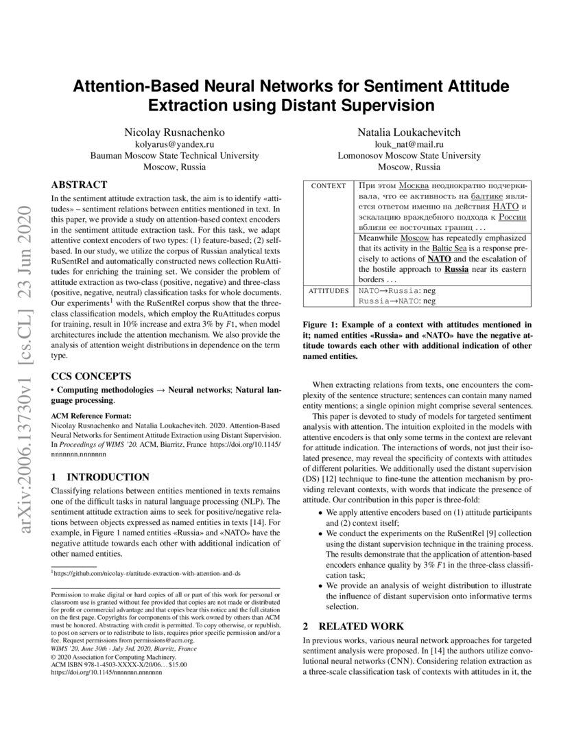 Attention-Based Neural Networks for Sentiment Attitude Extraction using Distant Supervision | DeepAI