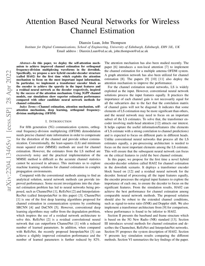 Attention Based Neural Networks for Wireless Channel Estimation | DeepAI