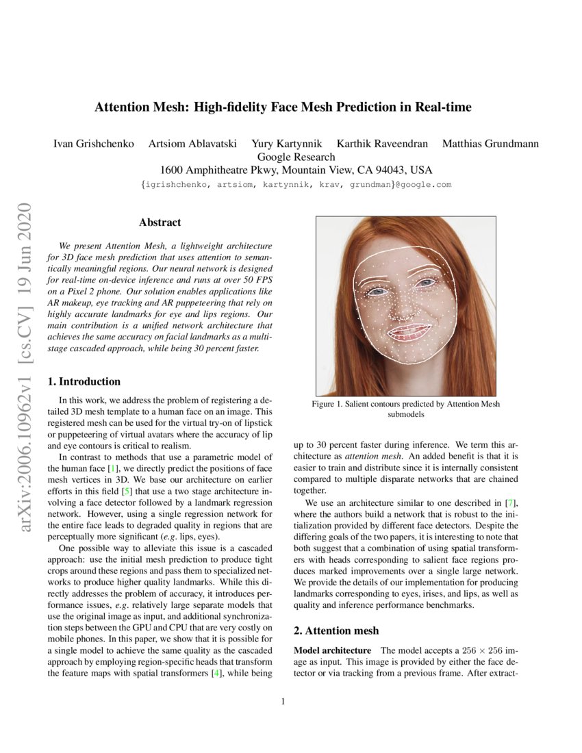 Attention Mesh: High-fidelity Face Mesh Prediction in Real-time | DeepAI