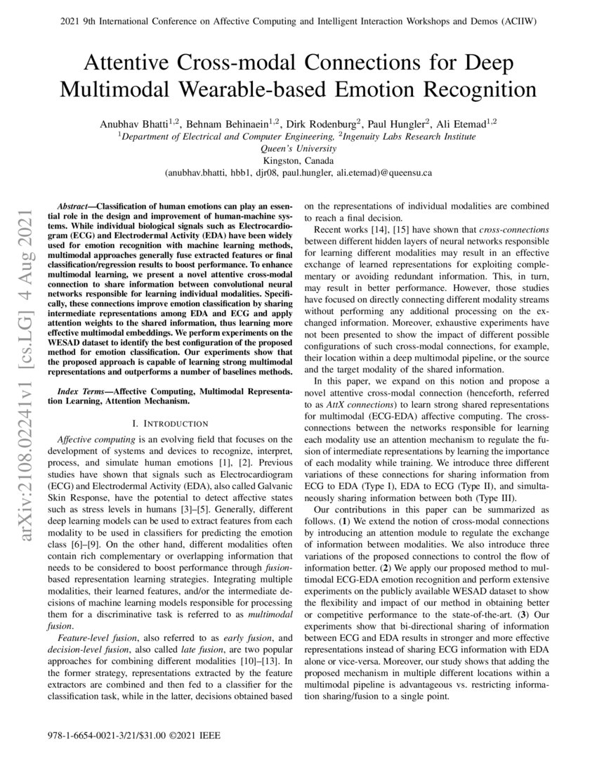 Attentive Cross-modal Connections for Deep Multimodal Wearable-based Emotion Recognition | DeepAI