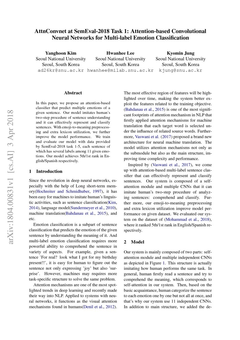 Attnconvnet At Semeval 2018 Task 1 Attention Based Convolutional Neural Networks For Multi