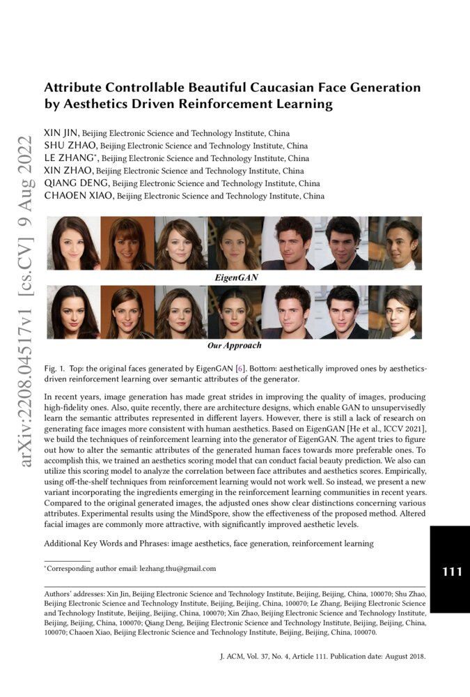 Attribute Controllable Beautiful Caucasian Face Generation by Aesthetics Driven Reinforcement ...