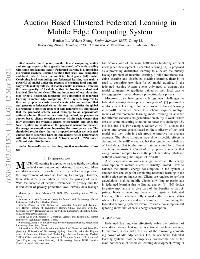 Auction Based Clustered Federated Learning In Mobile Edge Computing