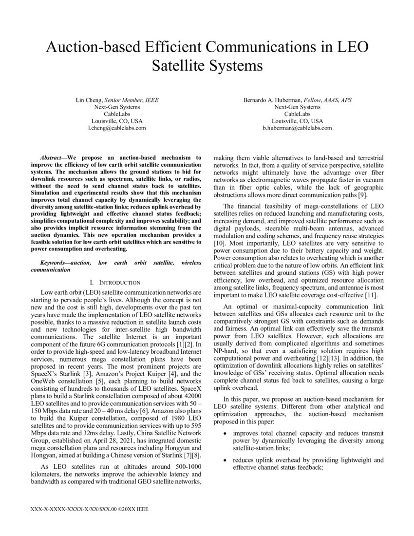 Auction-based Operation in LEO Satellite Systems for High-Efficiency ...