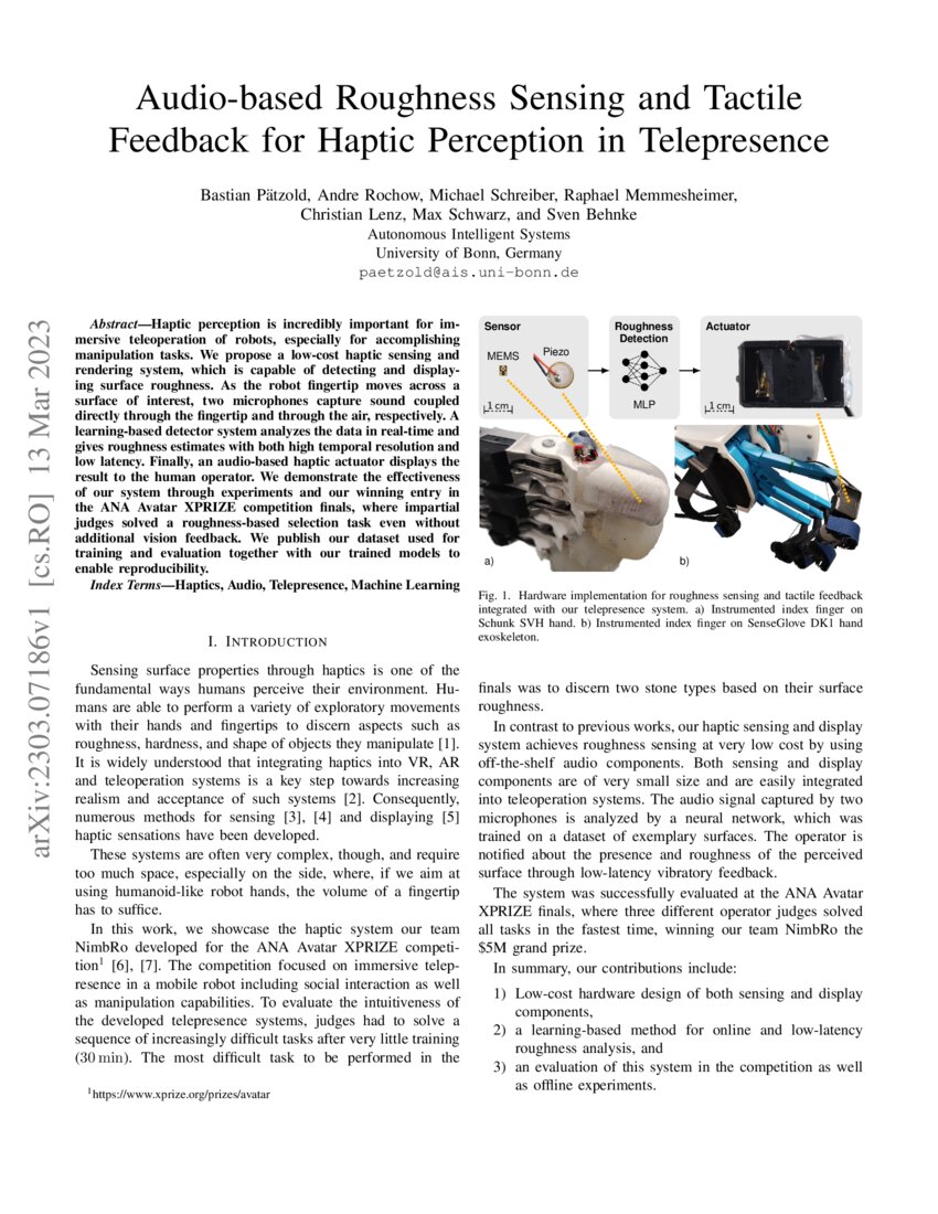 Audio-based Roughness Sensing and Tactile Feedback for Haptic Perception in Telepresence | DeepAI