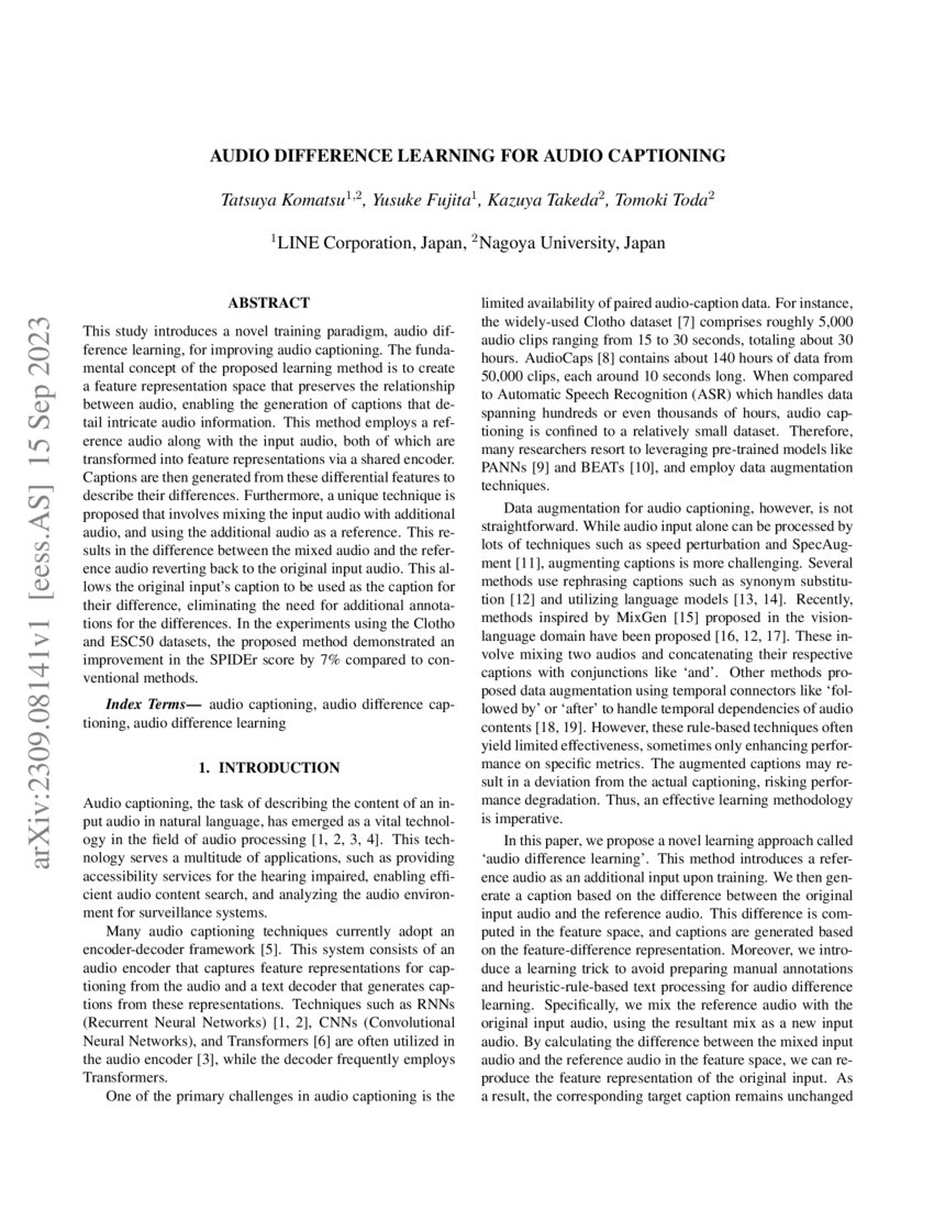 Audio Difference Learning for Audio Captioning | DeepAI