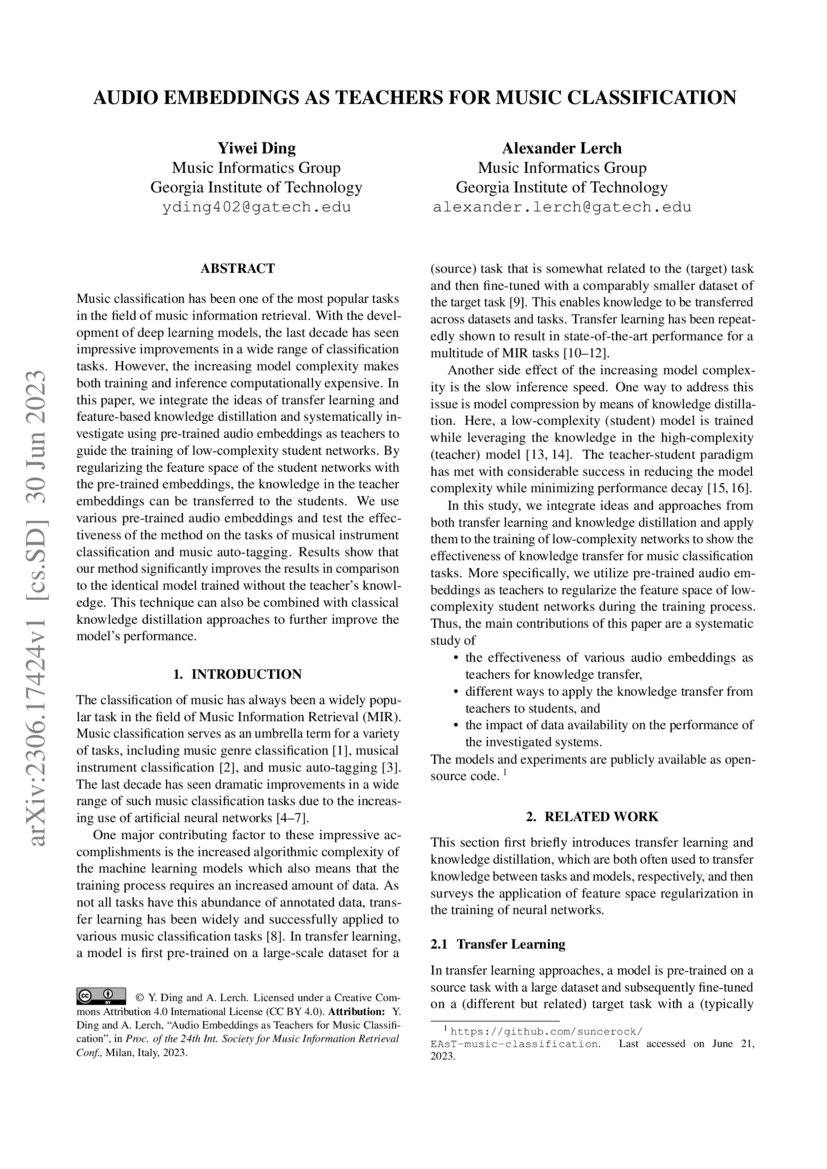 Audio Embeddings as Teachers for Music Classification | DeepAI