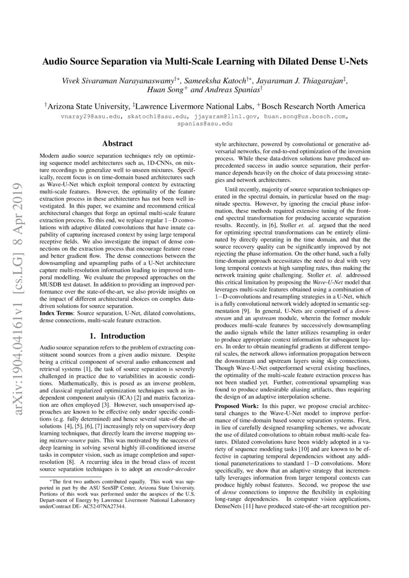 Audio Source Separation Via Multi Scale Learning With Dilated Dense U Nets Deepai