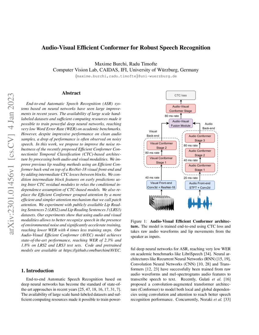 Audio Visual Efficient Conformer For Robust Speech Recognition Deepai