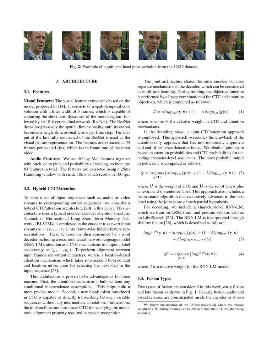 Audio Visual Speech Recognition With A Hybrid Ctc Attention Architecture Deepai