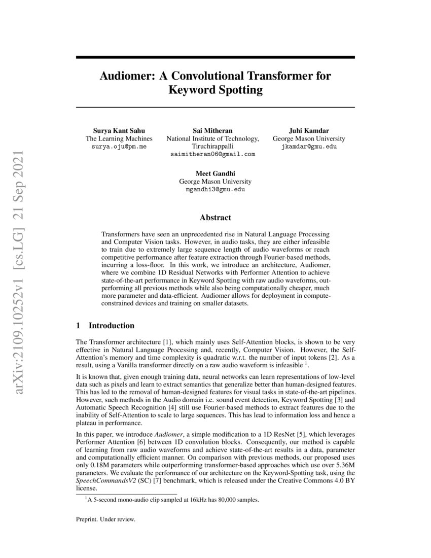 Audiomer: A Convolutional Transformer for Keyword Spotting | DeepAI