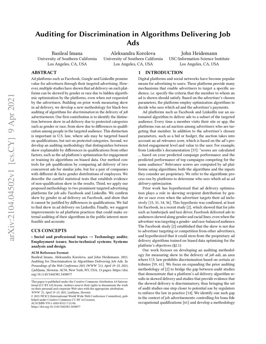 Auditing for Discrimination in Algorithms Delivering Job Ads | DeepAI