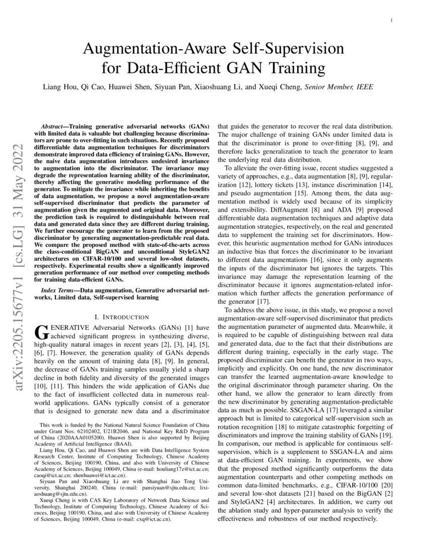 Augmentation-Aware Self-Supervision for Data-Efficient GAN Training | DeepAI