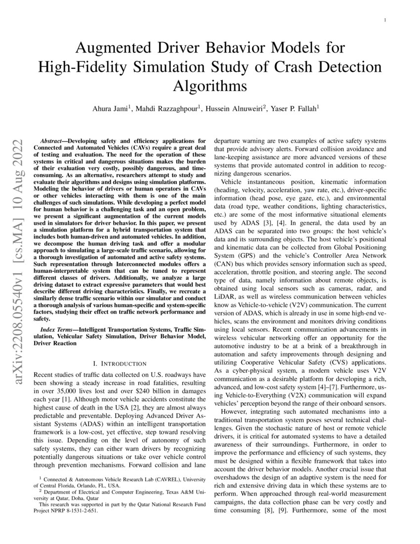 Augmented Driver Behavior Models for High-Fidelity Simulation Study of Crash Detection ...