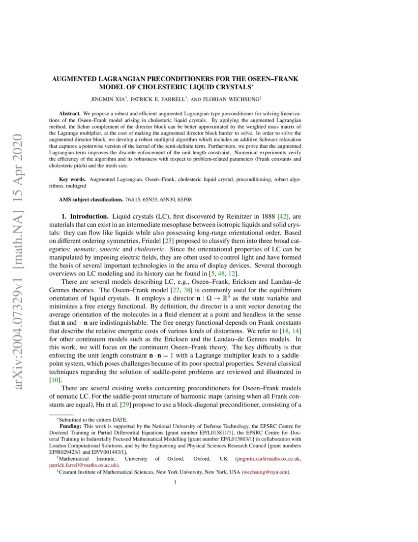 Augmented Lagrangian preconditioners for the Oseen-Frank model of ...