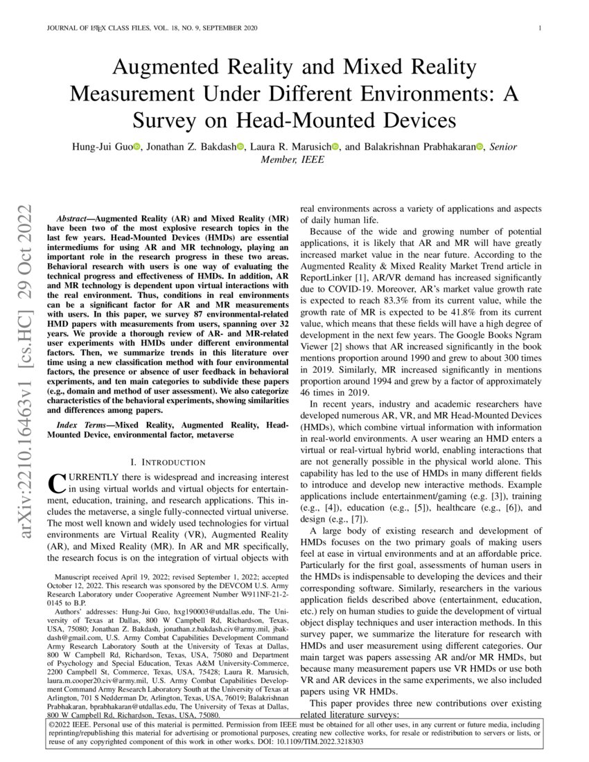 Augmented Reality and Mixed Reality Measurement Under Different ...