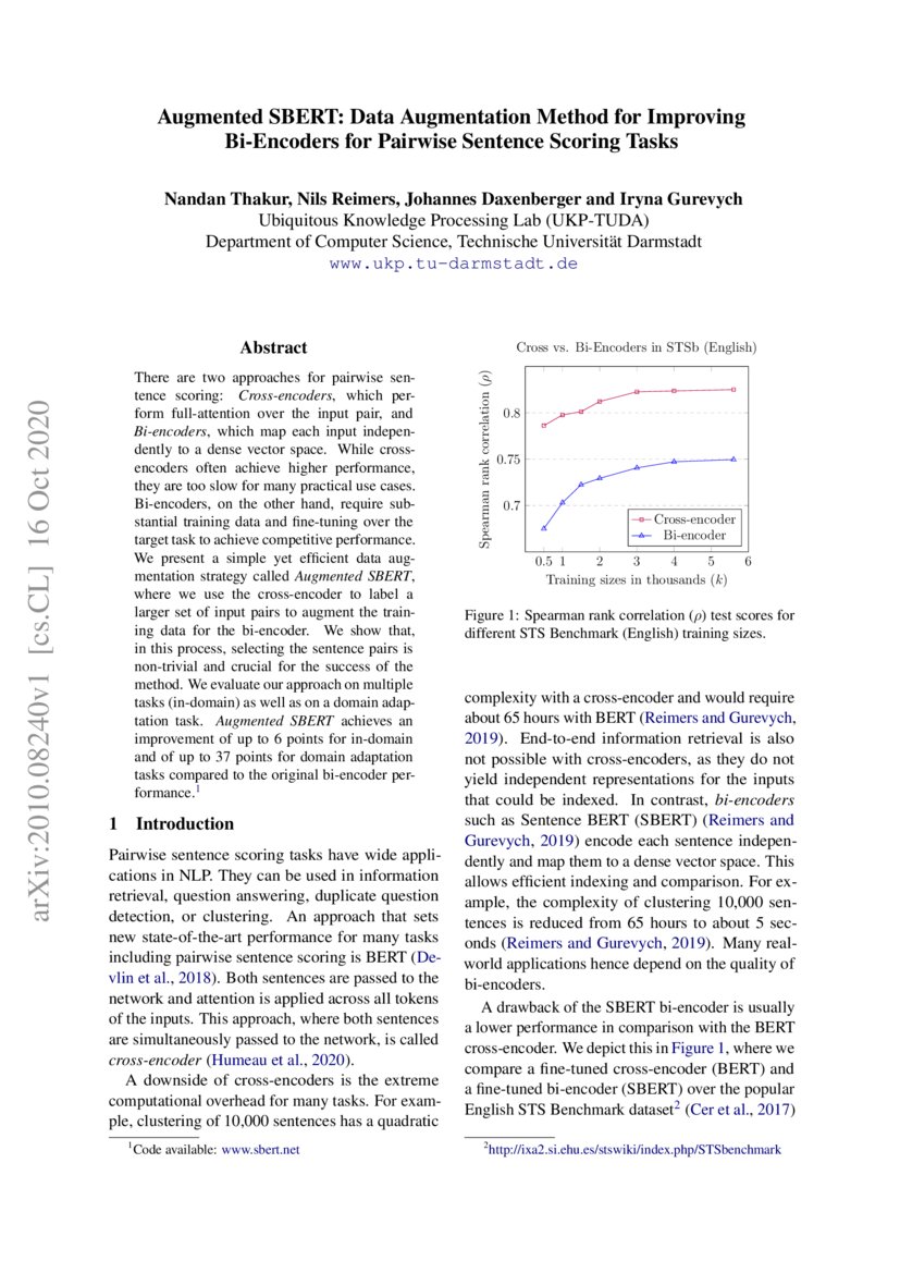Augmented SBERT: Data Augmentation Method for Improving Bi-Encoders for Pairwise Sentence ...