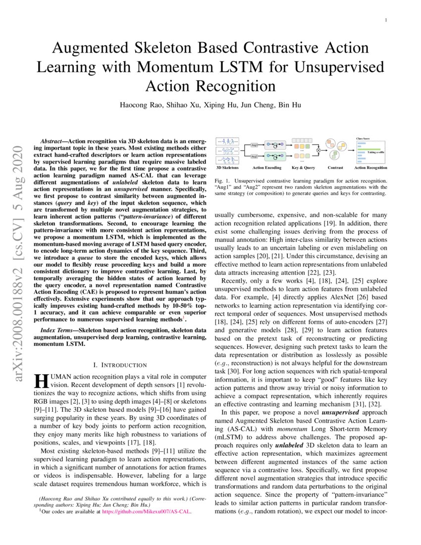 Augmented Skeleton Based Contrastive Action Learning With Momentum Lstm For Unsupervised Action
